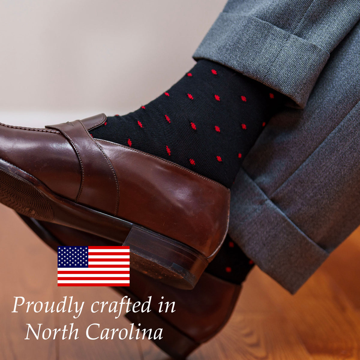 Red Dots on Black Merino Wool Mid Calf Dress Socks - Boardroom Socks