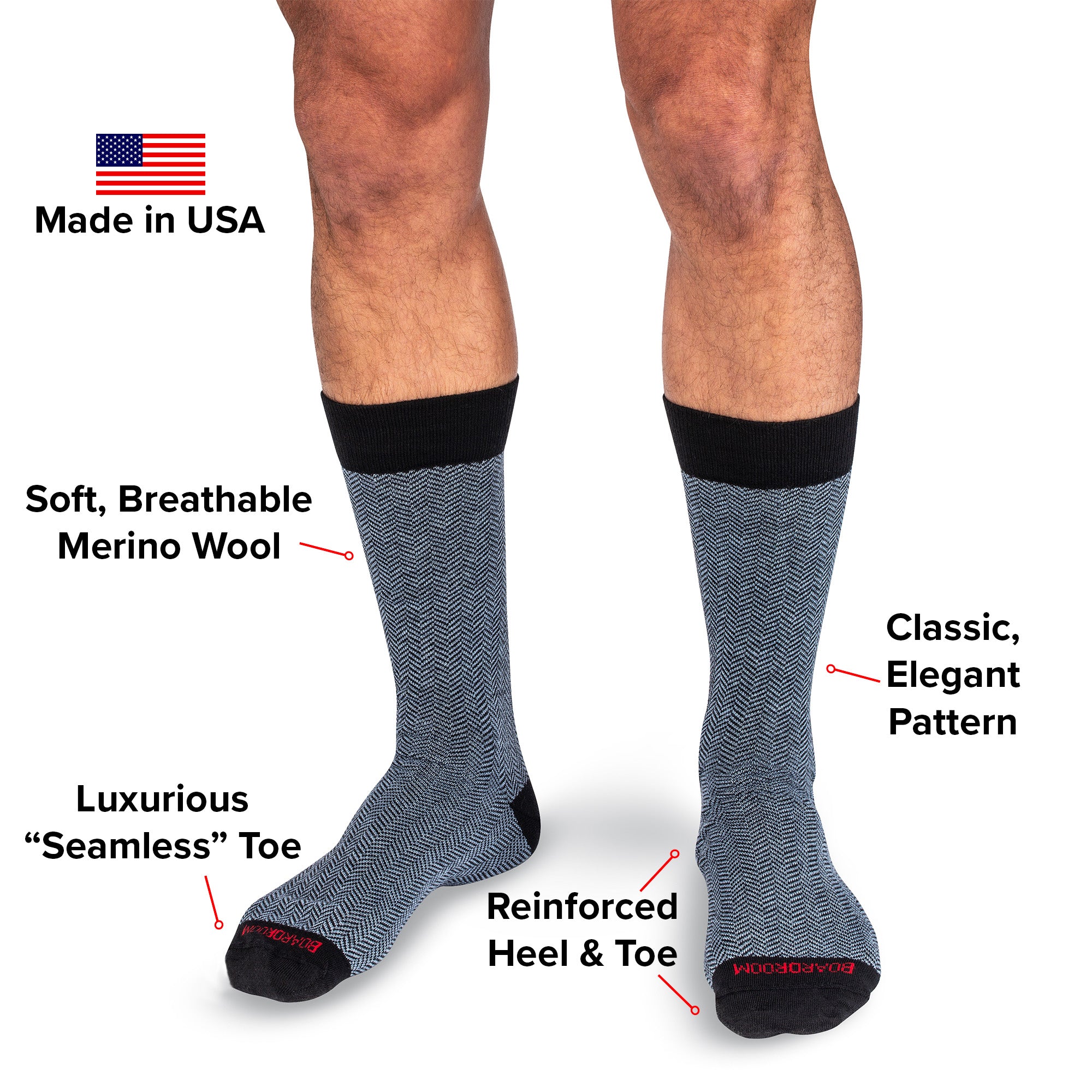 Sky Blue and Black Herringbone Merino Wool Mid-Calf Dress Socks ...